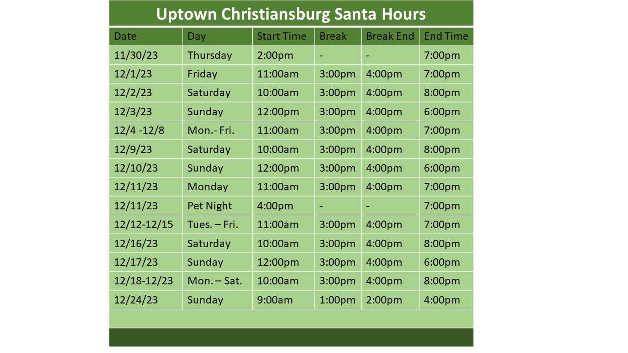 Santa Hours 2023 - Uptown Christiansburg Mall - RockStep Capital